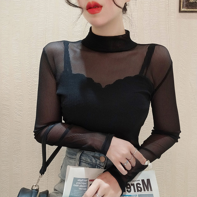 Half -high -neck net gauze with bottom shirt female long -sleeved T ...
