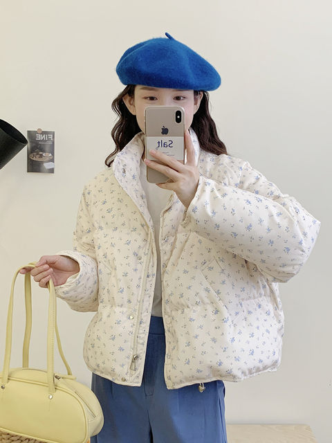 Korean sweet floral down jacket for women 2024 new style small stand-up ...