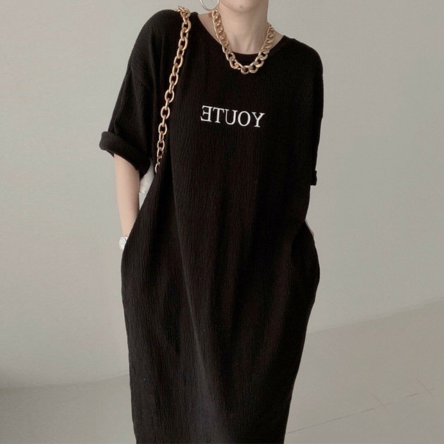Korean chic niche casual round neck letter print pleated design loose ...