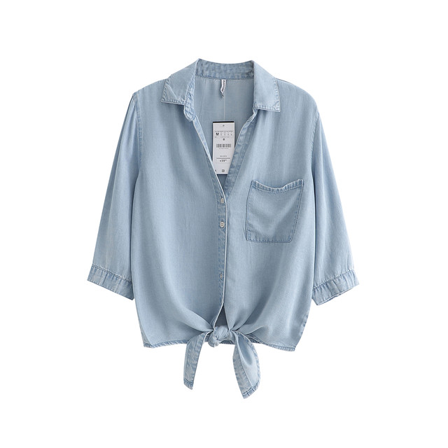 Shirt-style short coat for women with knotted V-neck Tencel denim 2024 ...