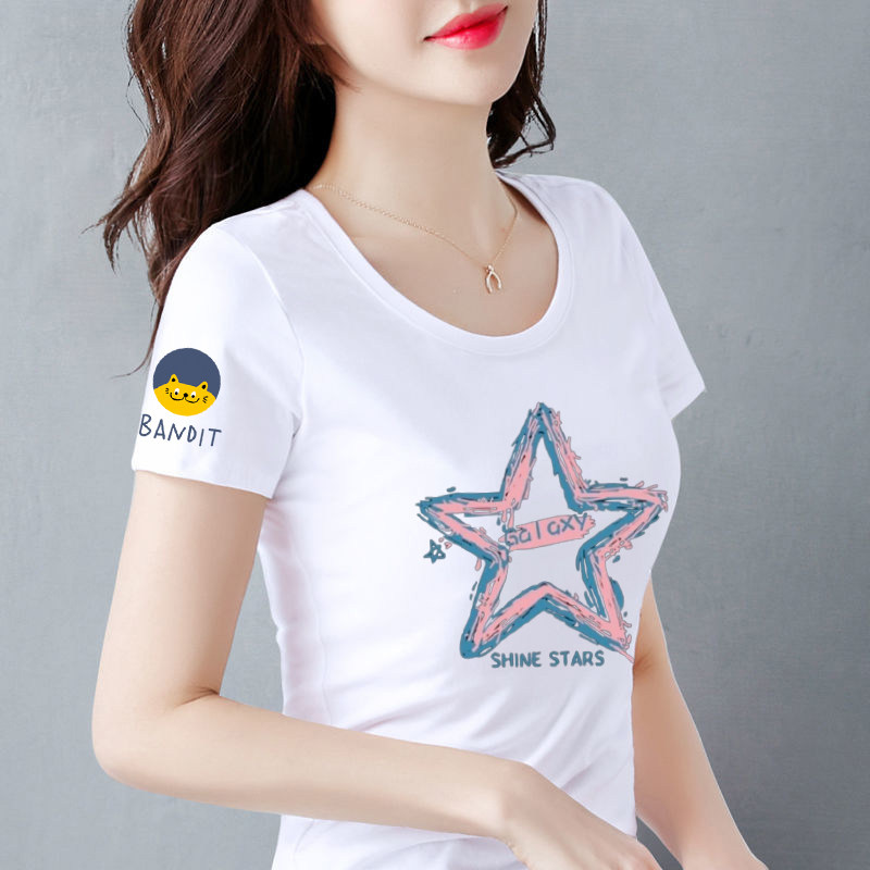 Short -sleeved T -shirt Female Slim White Cotton Bottom Blinds Round ...