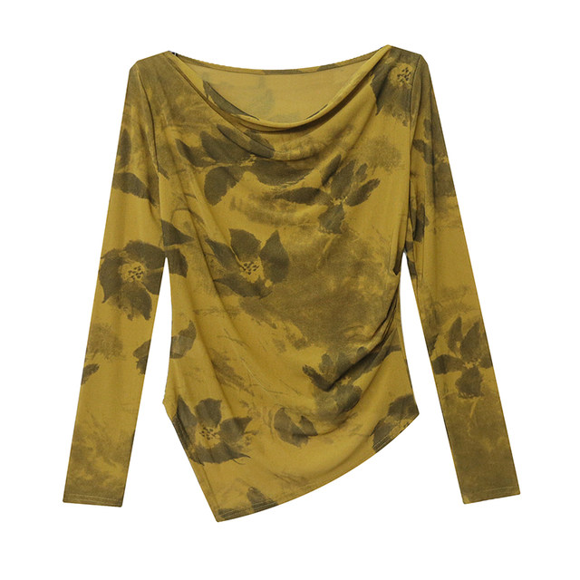 Temperament irregular printed T-shirt for women long-sleeved autumn ...
