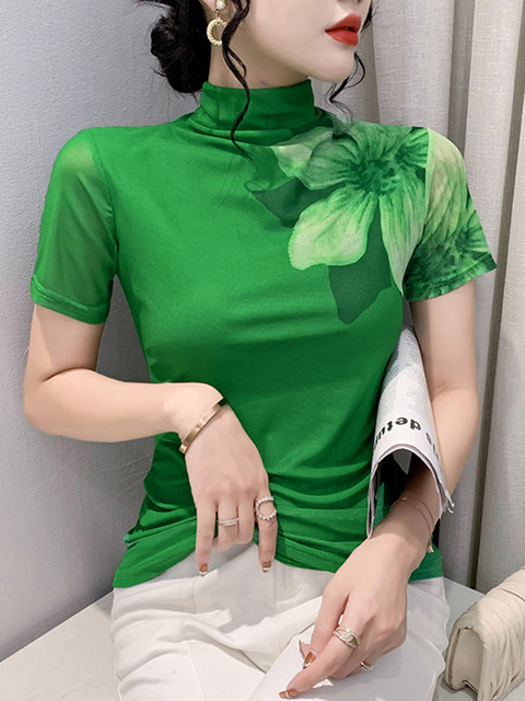 Women's 2024 new fashion printing net gauze T -shirt women's short ...