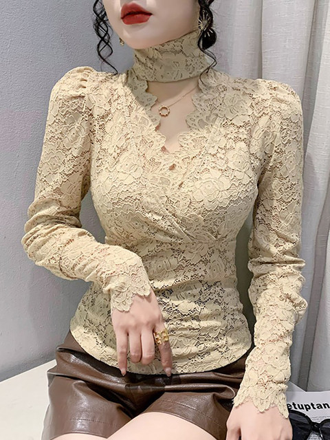 High -necked bottom shirt Female autumn and winter European sexy hollow ...