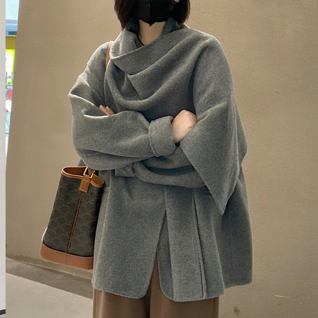Gray double-sided wool scarf cloak coat for women autumn and winter new ...