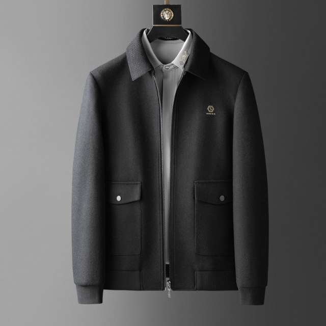 Business casual lapel warm wool jacket men's fashion solid color anti ...