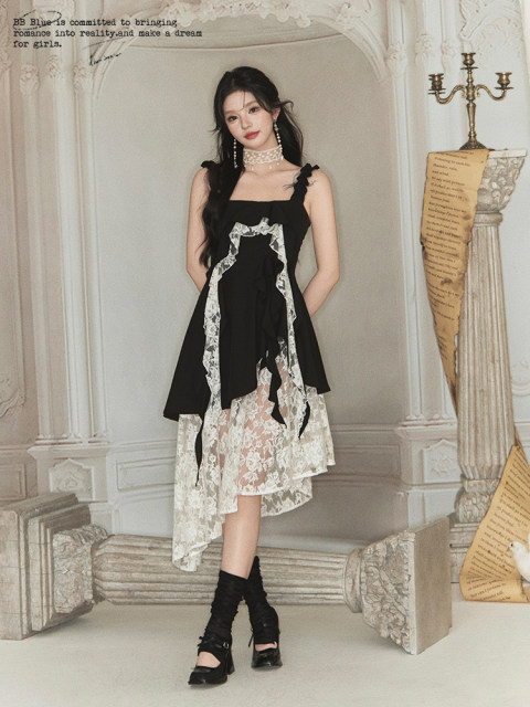 BB BLUE STUDIO original design sweet rose diagonal hem spliced lace suspender dress