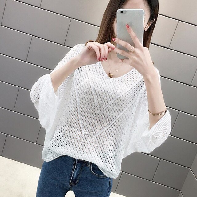 Thin V -neck Bat Sleeve T -shirt Women's Big Bread Loose Loose Delivery ...