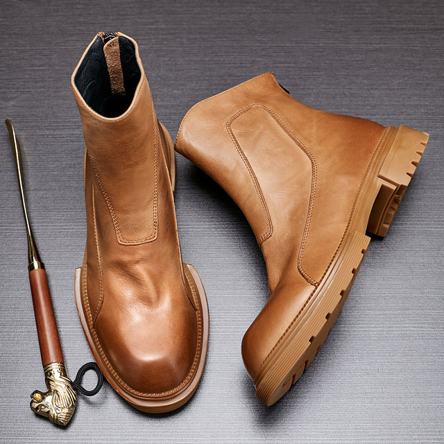 Men's boots autumn and winter genuine leather high-top plus velvet ...