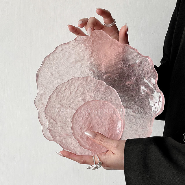 High-end pink irregular ice dew glass plate home dessert plate fruit ...