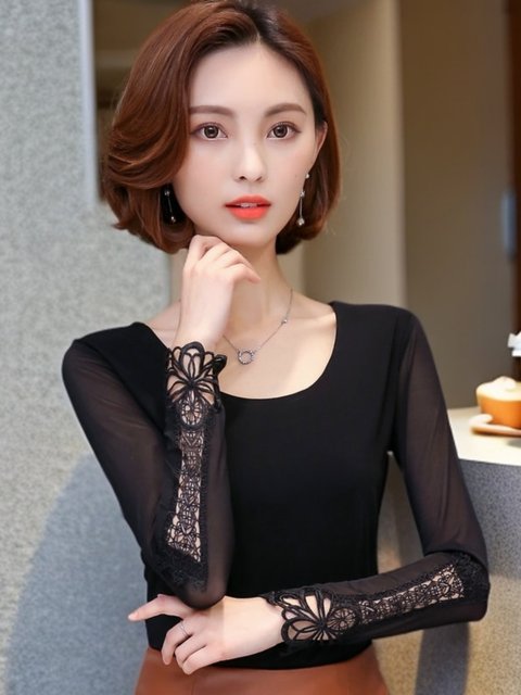 Add velvet thick lace bottom shirt female 2024 autumn and winter new ...