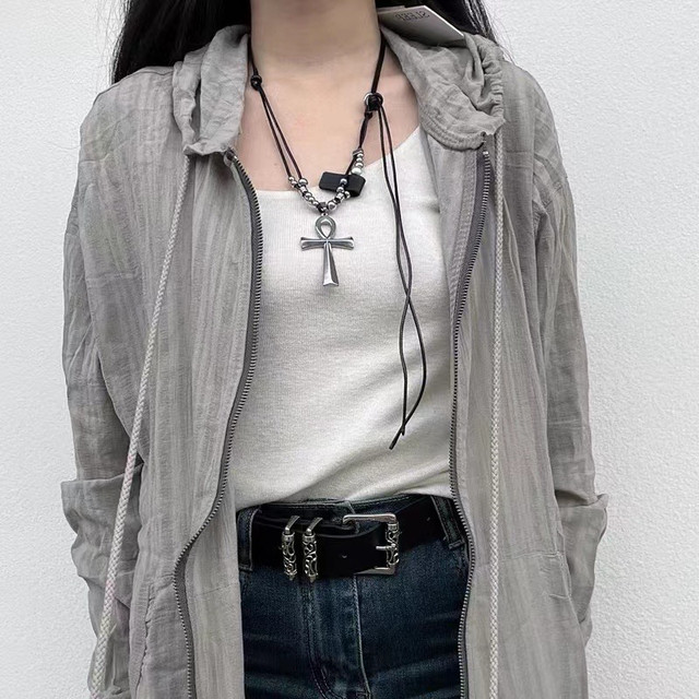 Korean niche design ins Ankh leather rope cross splicing necklace retro ...