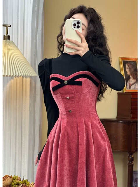 Mrs. Xiao French retro velvet dress in autumn and winter waist ...