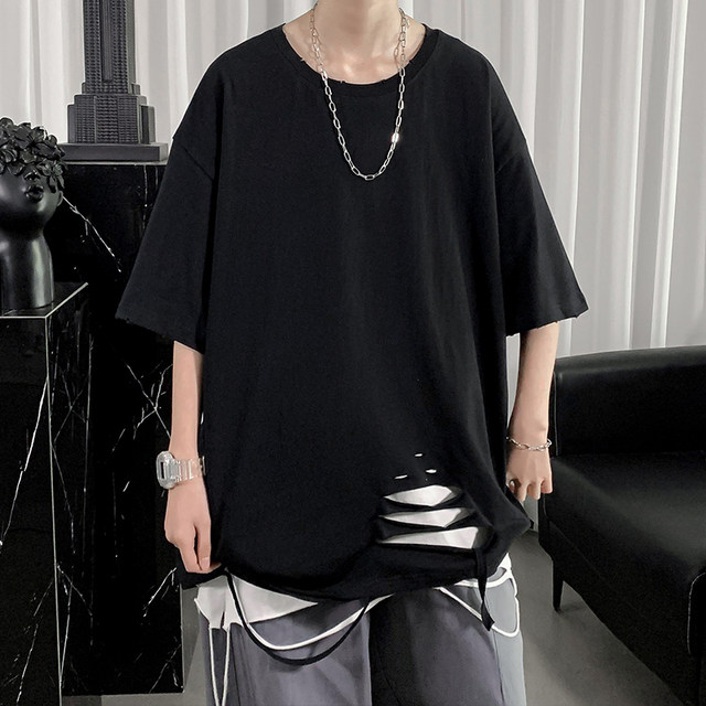 Ripped t-shirt men's ins Hong Kong style hip-hop tide brand trend all ...