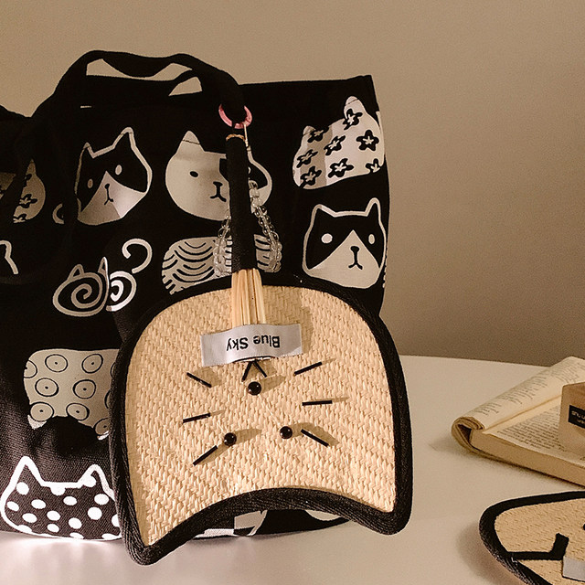 Cute cat handmade old-fashioned cattail fan portable small fan for ...