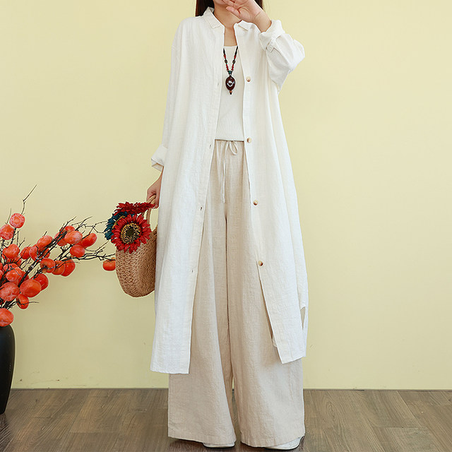 Retro literary extra long women's windbreaker jacket spring linen ...