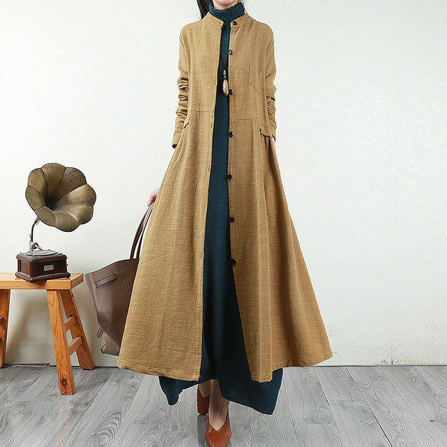 Retro literary linen women's windbreaker coat in spring long ...