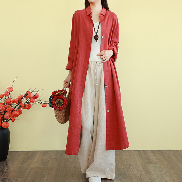 Retro literary extra long women's windbreaker jacket spring linen ...