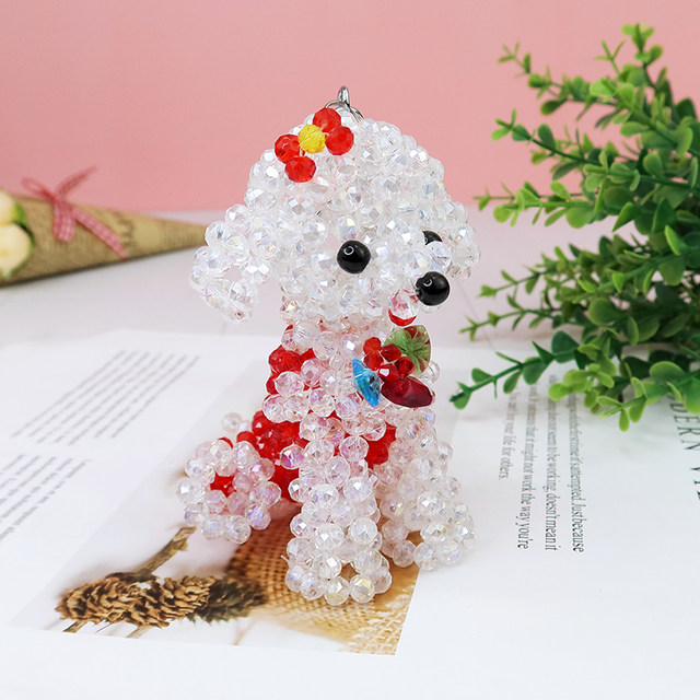 Beaded finished crystal Poodle dog key pendant hand-woven small toy dog ...