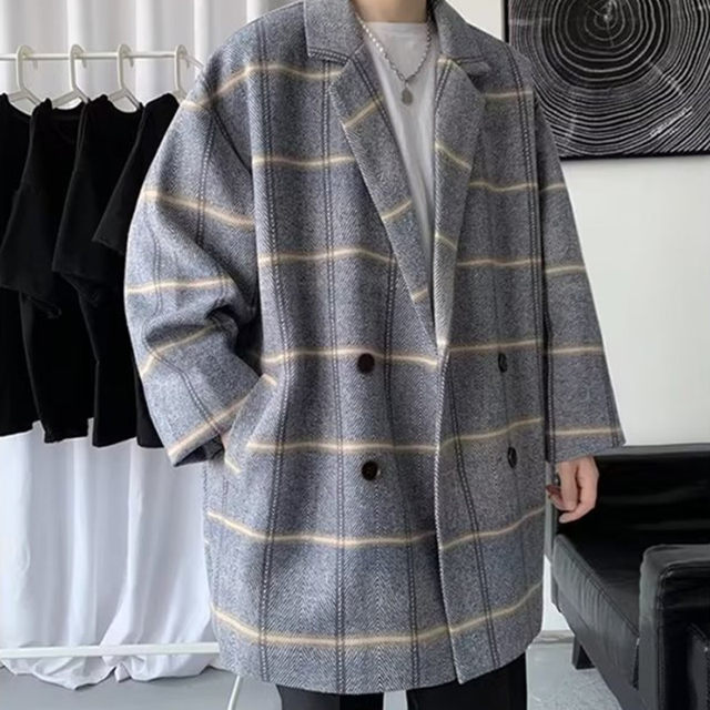 Mid -length lattice grid woolen coat men's Yingxiangfeng coat Oversize ...