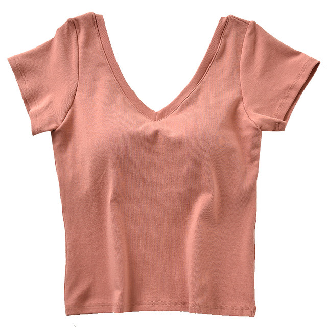 Cotton short -sleeved T -shirt women with chest pad bottom shirt V ...