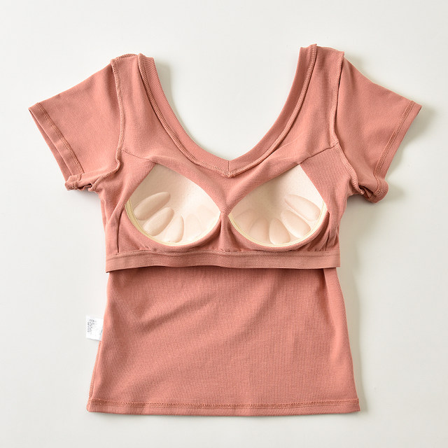 Cotton short -sleeved T -shirt women with chest pad bottom shirt V ...