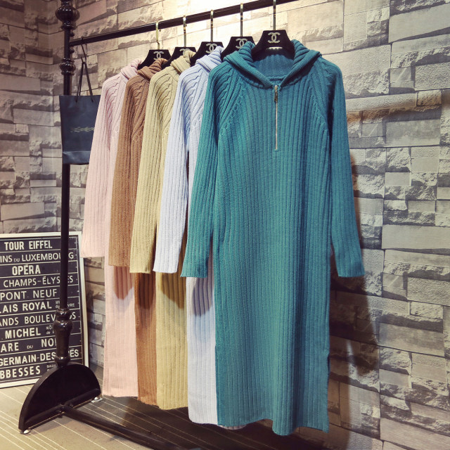 Loose hooded long over-knee sweater dress for autumn and winter women's ...