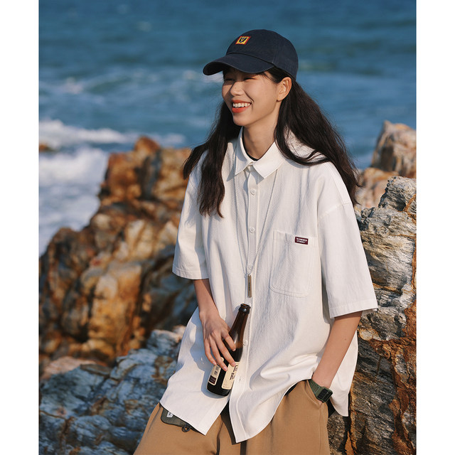 KOUEMGI air flavor Japanese summer retro solid color short-sleeved shirt men's loose oversize ...