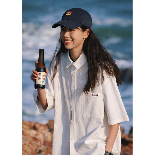 KOUEMGI air flavor Japanese summer retro solid color short-sleeved shirt men's loose oversize ...