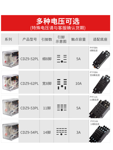 Delixi intermediate relay 220V AC 8 feet DC 12 small 14 electromagnetic DC24 switch 380 with base