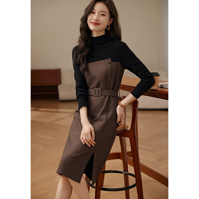 Fake two dresses 24 Winter newly played color slim splicing, commute ...