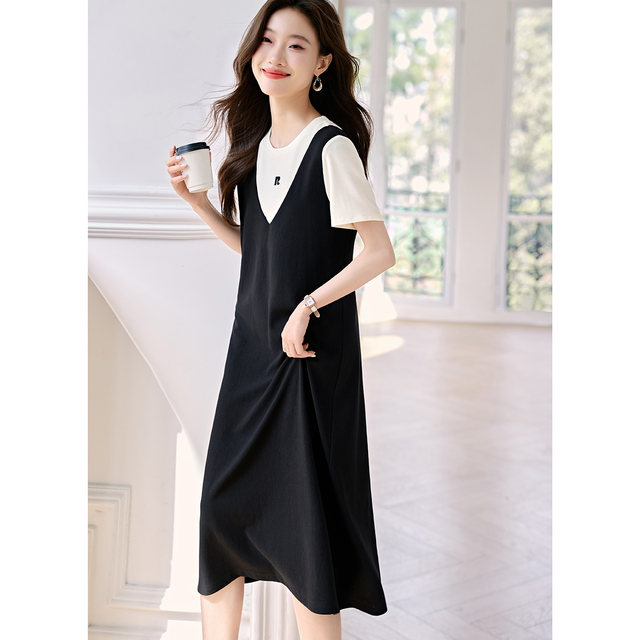 Mohan Yimei Casual Fashionable Fake Two-piece Dress 2024 Summer New Contrast Color Stitching ...
