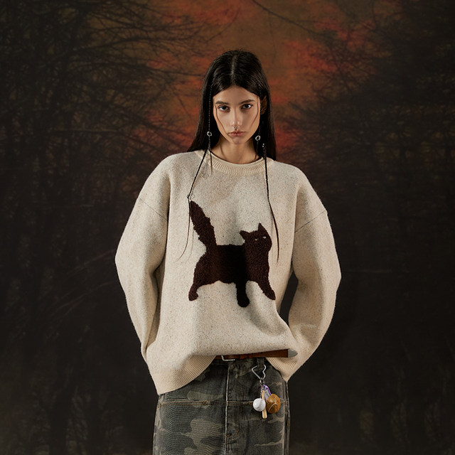 SUAMOMENT scratch silhouette cat jacquard sweater men's 2024 autumn new ...