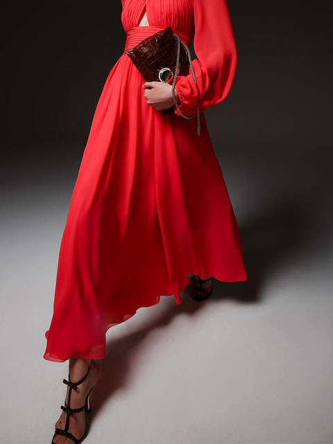 High-end light luxury niche red dress women's long-sleeved dress ...