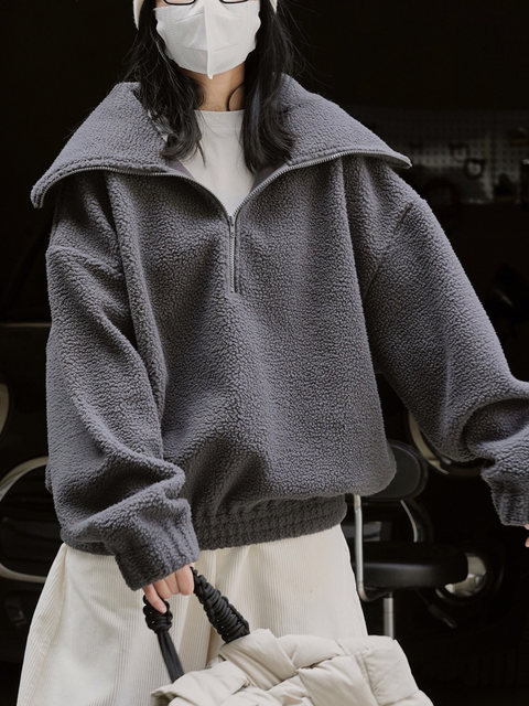 Large lapel semi -zipper shake velvet sweater women autumn and winter ...