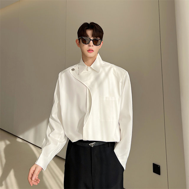 Spring high-end shoulder pad shirt men's long-sleeved niche asymmetric ...