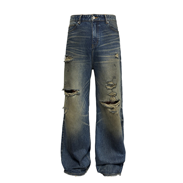 JCAESAR DIRTY DENIM dark blue dirty dyed ruined jeans natural whiskers VINTAGE distressed