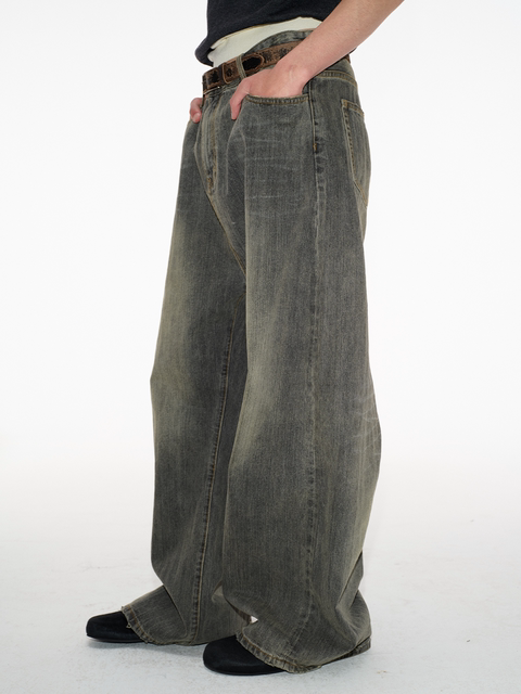 JCAESAR DENIMS bamboo joint pattern wide-leg jeans color-washed light ...