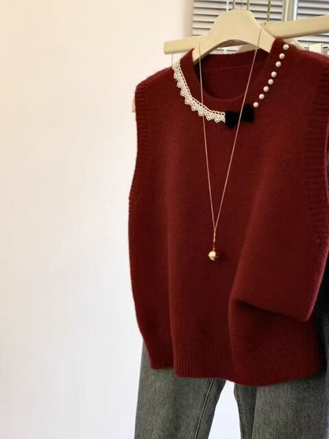 Small fragrance style red lace edge V-neck layered vest sweater sweater ...