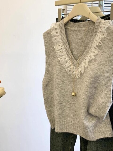 Small fragrance style red lace edge V-neck layered vest sweater sweater ...
