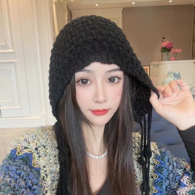 Fashionable hand-woven tassel ball wool hat for women, warm ear ...