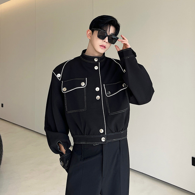 Autumn designer niche stand-up collar patchwork diagonal pocket short ...