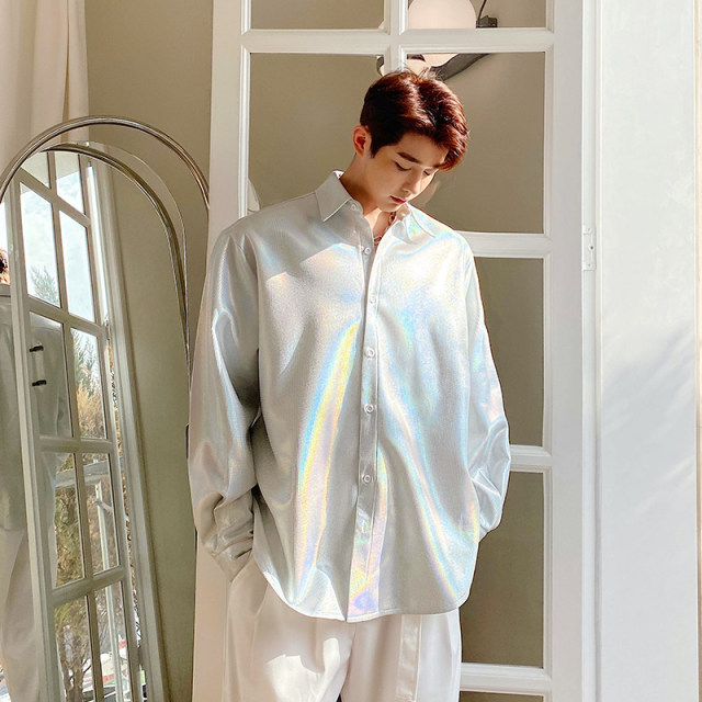 Spring Internet celebrity lake blue laser glow shirt men's shiny street ...