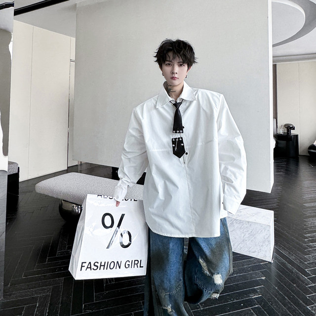 ins trendy brand high-end shoulder pad shirt men's long-sleeved Korean ...