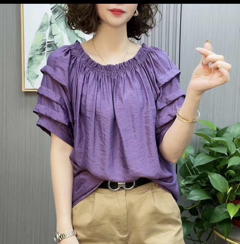 Tik Tok One-Shoulder Puff Sleeve Pleated Chiffon Shirt Women's Summer ...