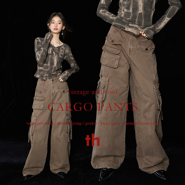 TH heavy dyeing process retro three-dimensional pocket loose wide-leg ...