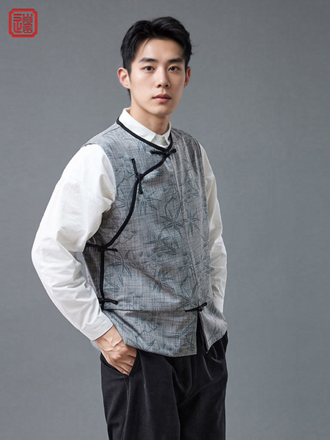 Tang suit vest men's spring Chinese style printed oblique jacket top ...