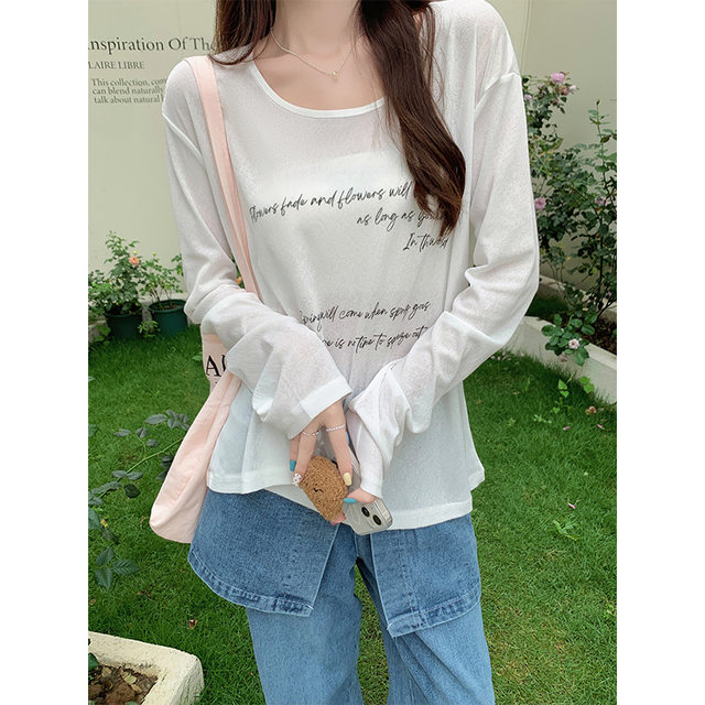 Letter printing loose slightly translucent top large neckline sunscreen ...