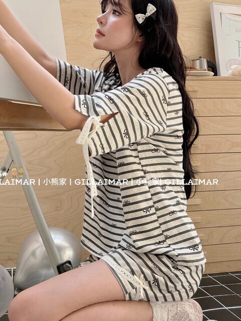 Gill Aimar Bear's original casual striped loose shortsleeved shorts ...