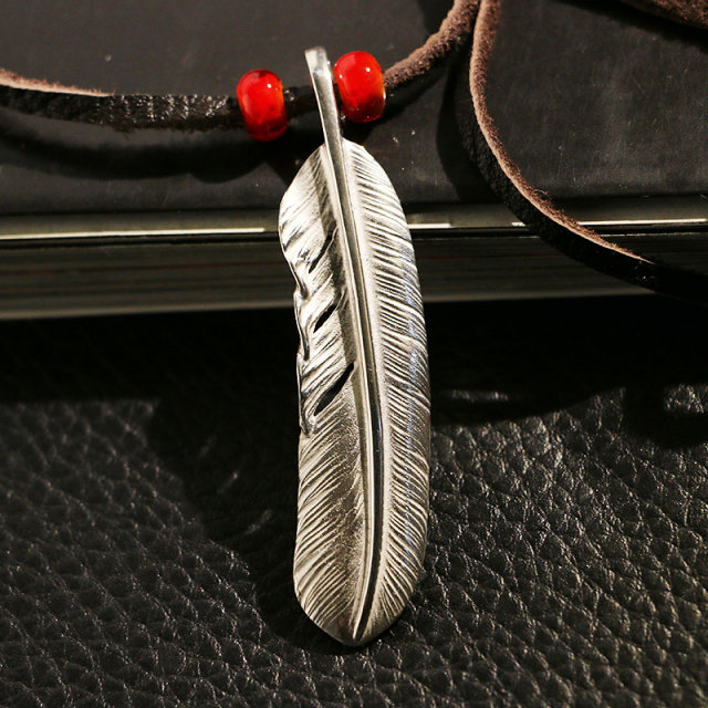 Ikyu Takahashi Goro 925 Sterling Silver XL Plain Feather Buckskin Rope Necklace Pendant Set